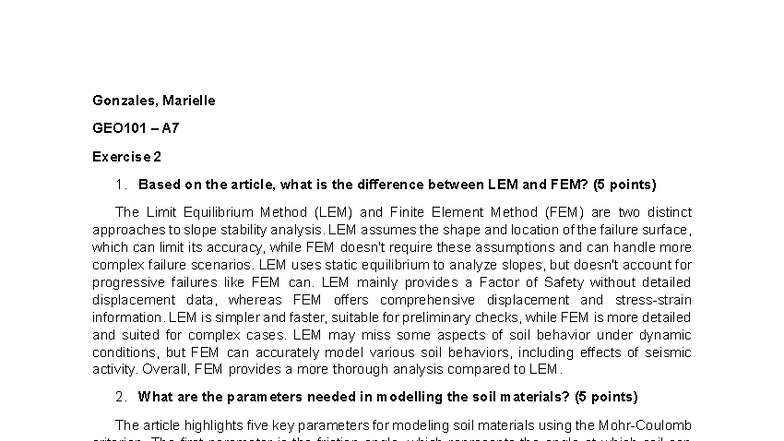 GEO101 A7 Exercise 2: LEM vs FEM in Slope Stability Analysis - Studocu