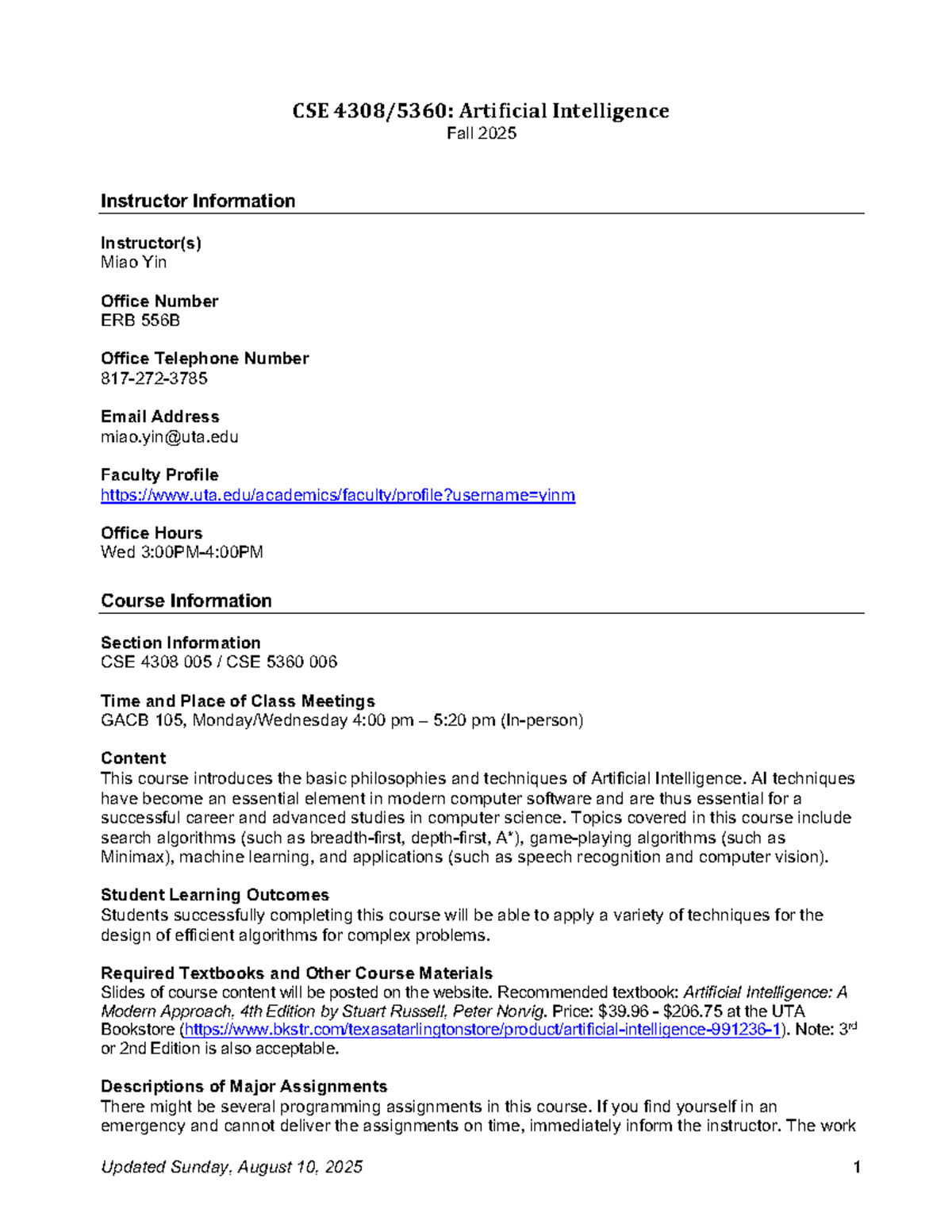 CSE 4308/5360 Fall 2025 Artificial Intelligence Course Syllabus - Studocu