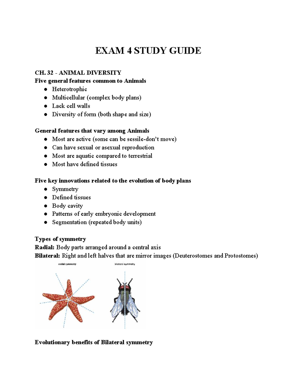 Bio 101 Exam 4 Study Guide: Animal Diversity & Evolution Overview - Studocu