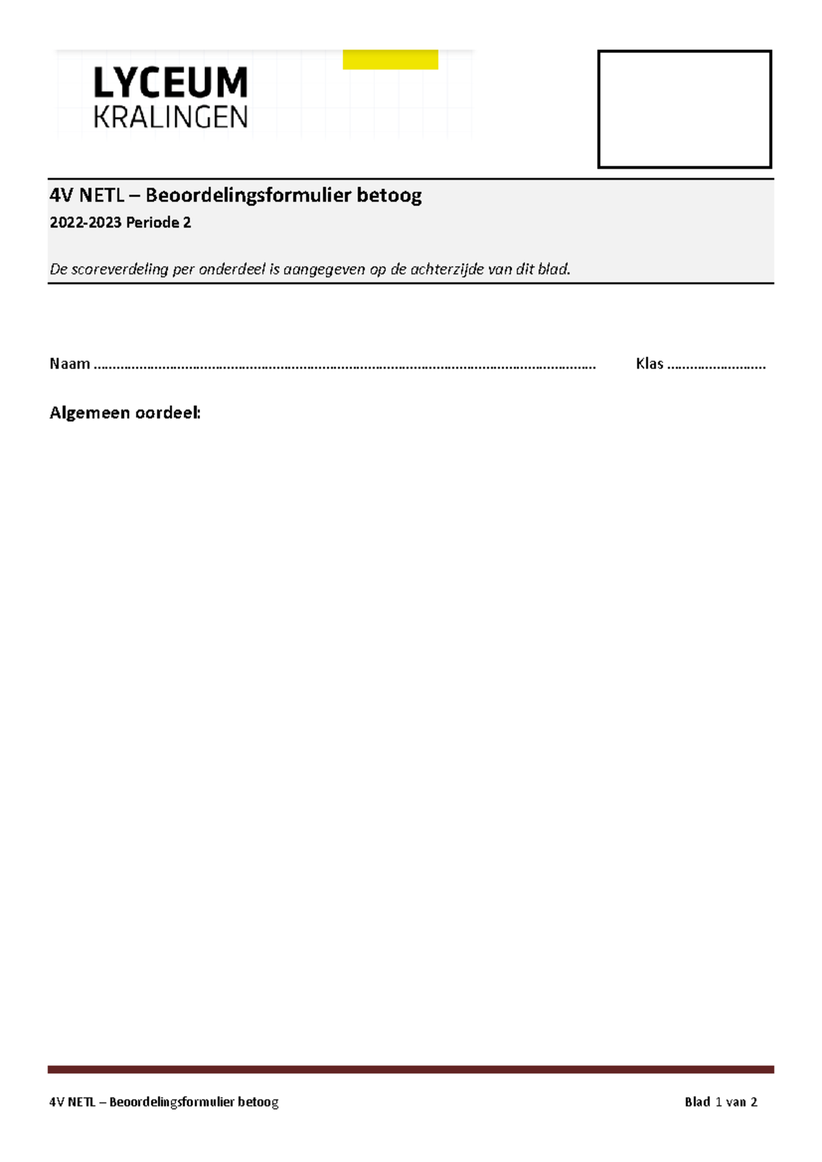 4V NETL – Beoordelingsformulier Betoog 2022-2023 - Studeersnel