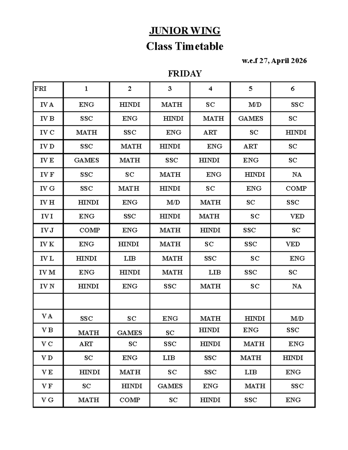 JUNIOR WING Class Timetable (FRI) Starting 27 April 2026 - Studocu