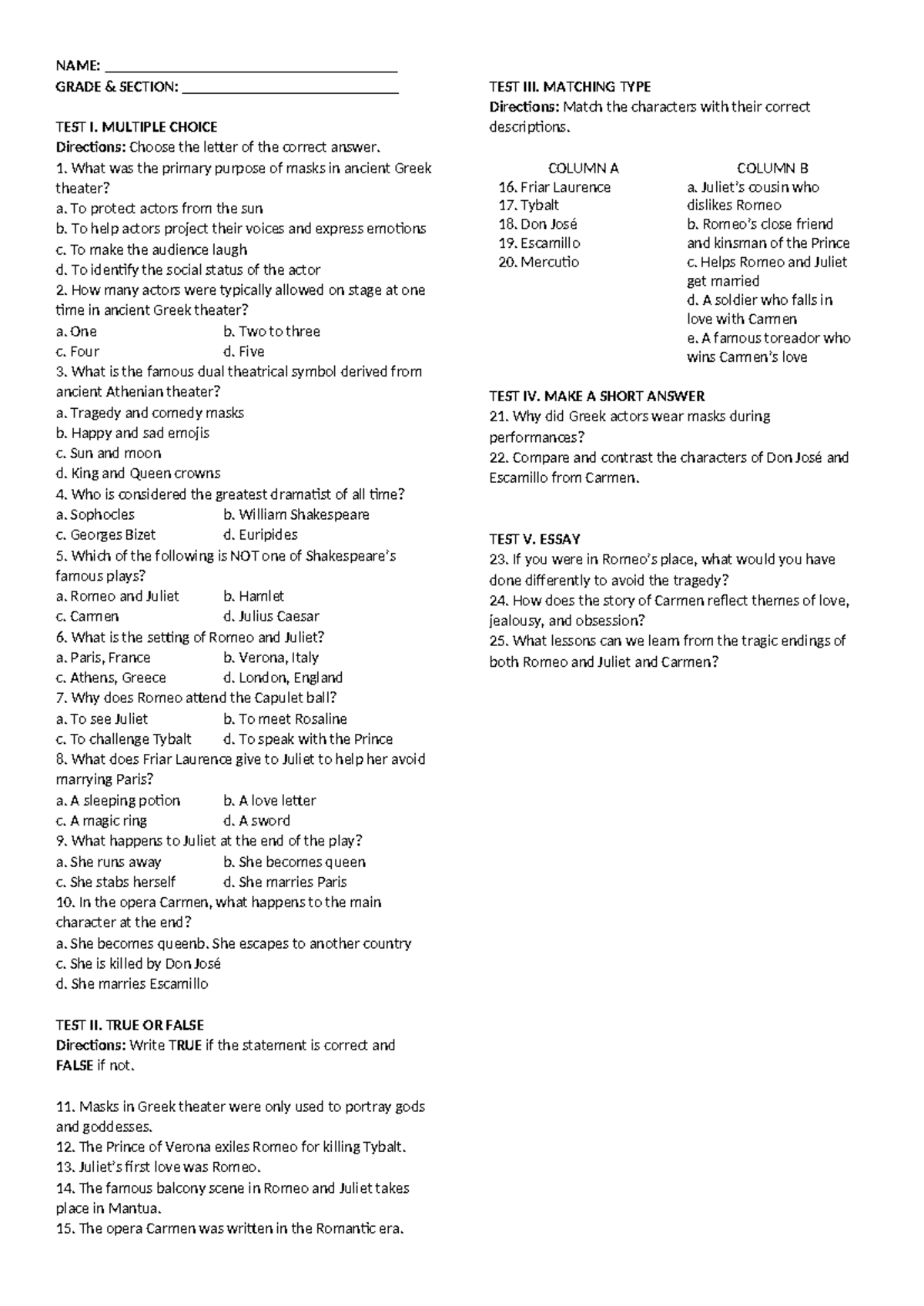 ARTS9 - 4TH Quarter Activity: Test on Greek Theater & Literary Analysis ...