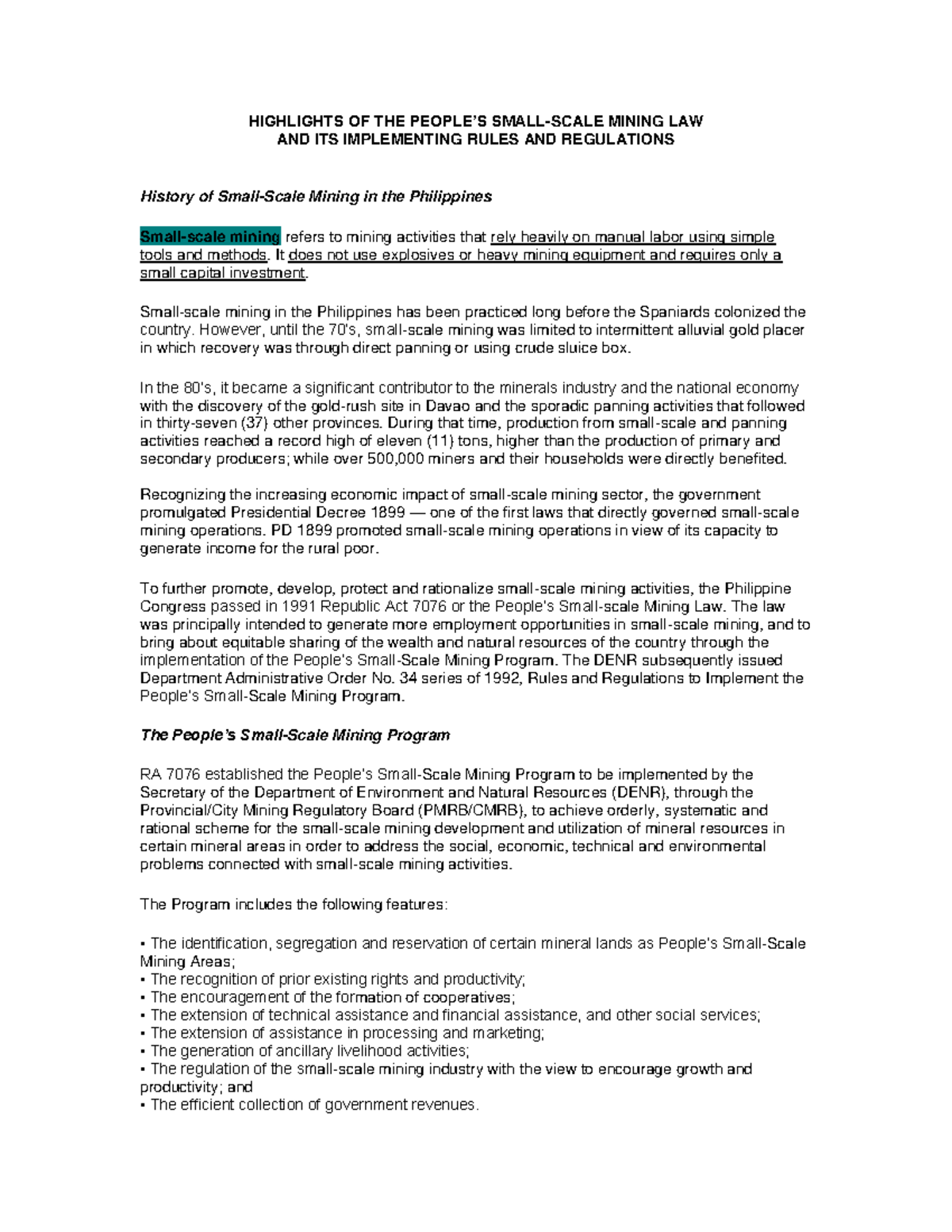 RA 7076: Key Points on People's Small-Scale Mining Law Notes - Studocu
