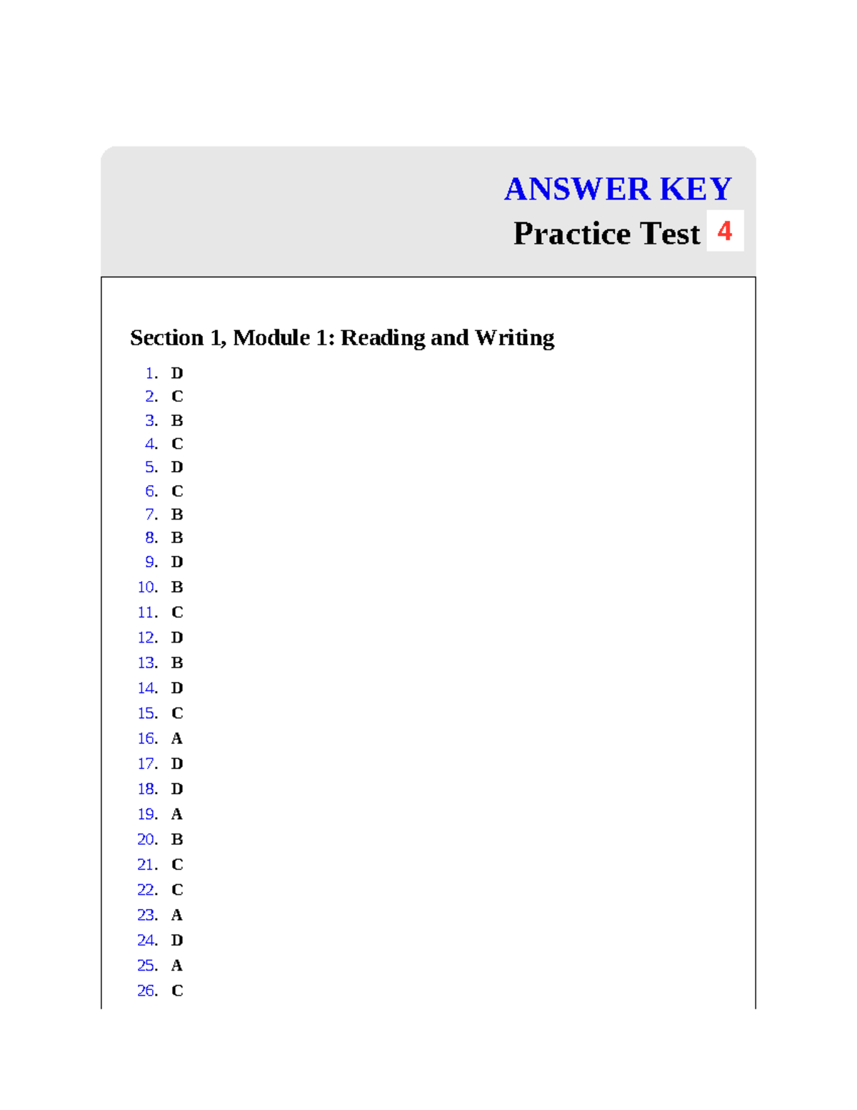 KEY - Practice Test 14: Reading, Writing & Math Answers - Studocu