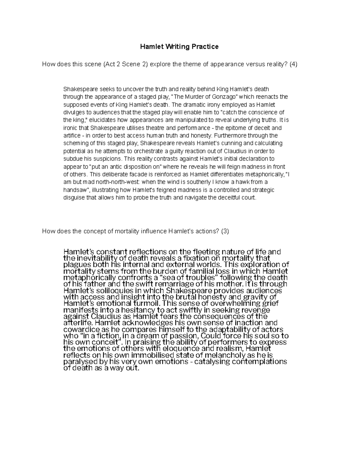 Hamlet Writing Practice: Exploring Appearance vs. Reality in Act 2 ...