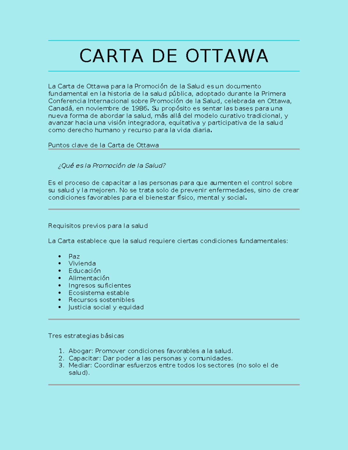 CARTA DE OTTAWA: Promoción de la Salud y Estrategias Clave - Studocu