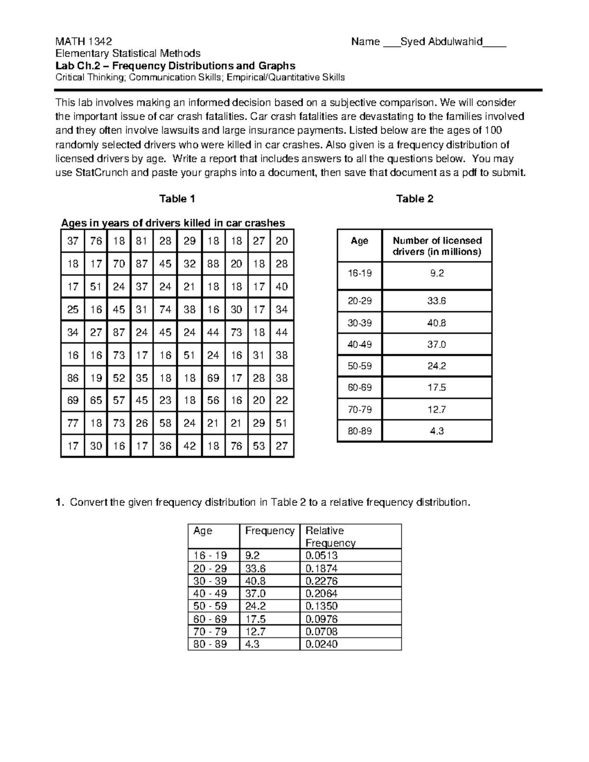 Lab MATH 1342 Ch 2: Frequency Distributions & Graphs (Final) - Studocu