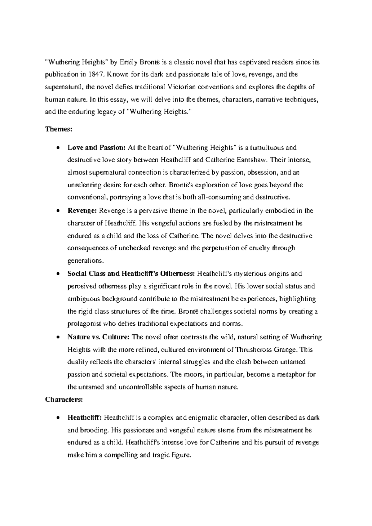 Wuthering Heights - In-Depth Analysis and Themes M A English Lit - Studocu