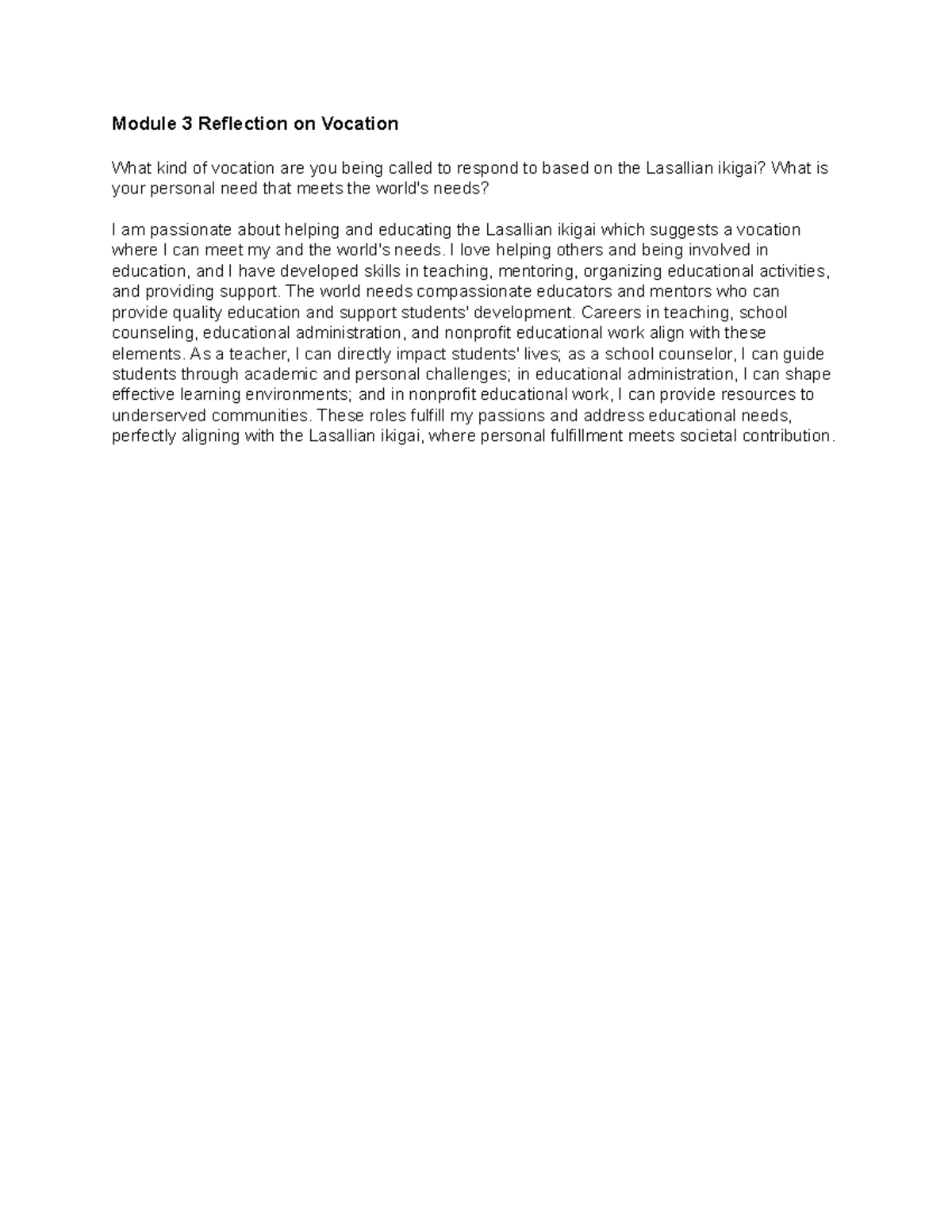 Module 3 Reflection: Vocation & Lasallian Ikigai Insights - Studocu