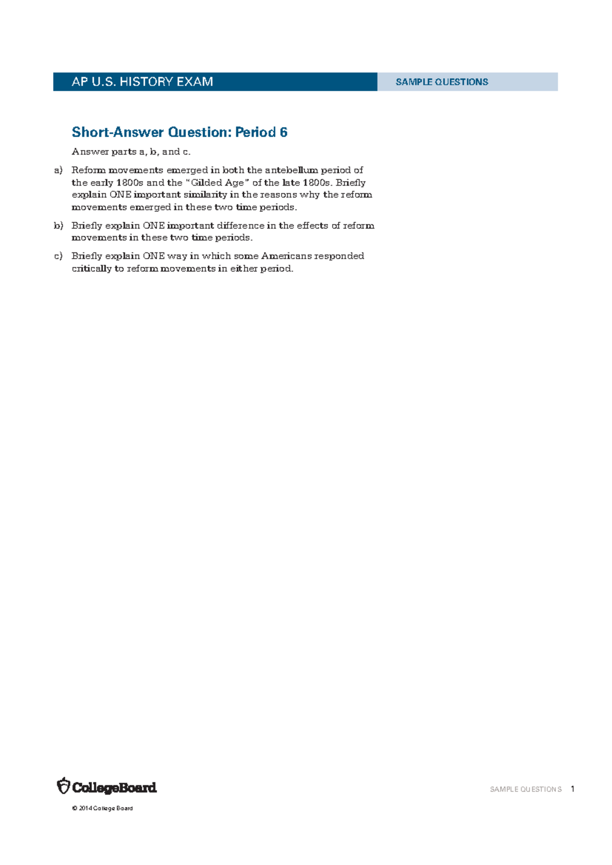Period 6 SAQ Practice - AP U. HISTORY EXAM SAMPLE QUESTIONS Short ...