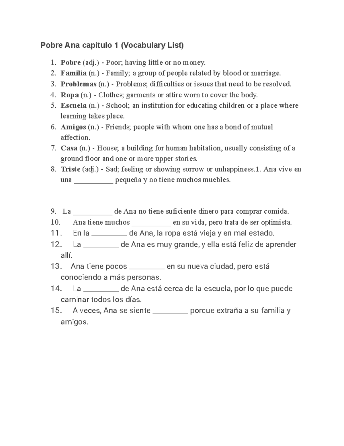 Pobre Ana capitulo 1 Vocabulary List - Pobre Ana capítulo 1 (Vocabulary ...