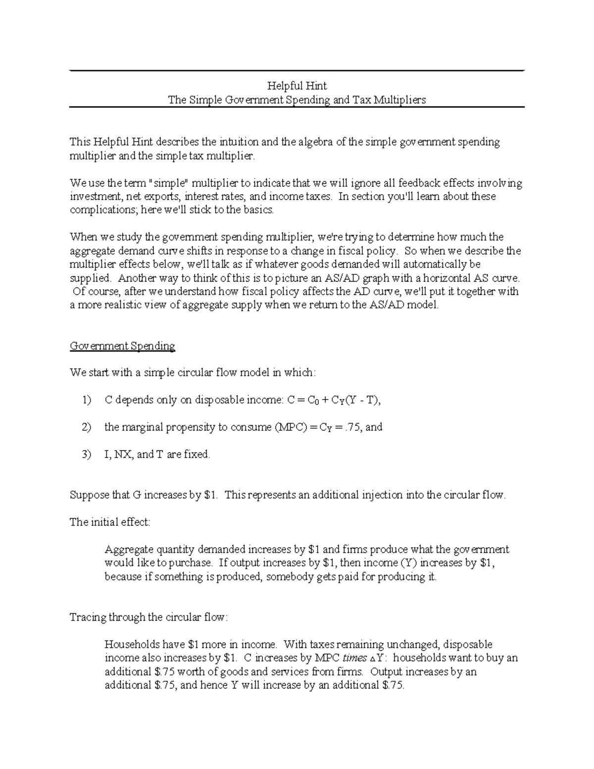 HH Simple Government Spending and Tax Multiplier - Helpful Hint The ...