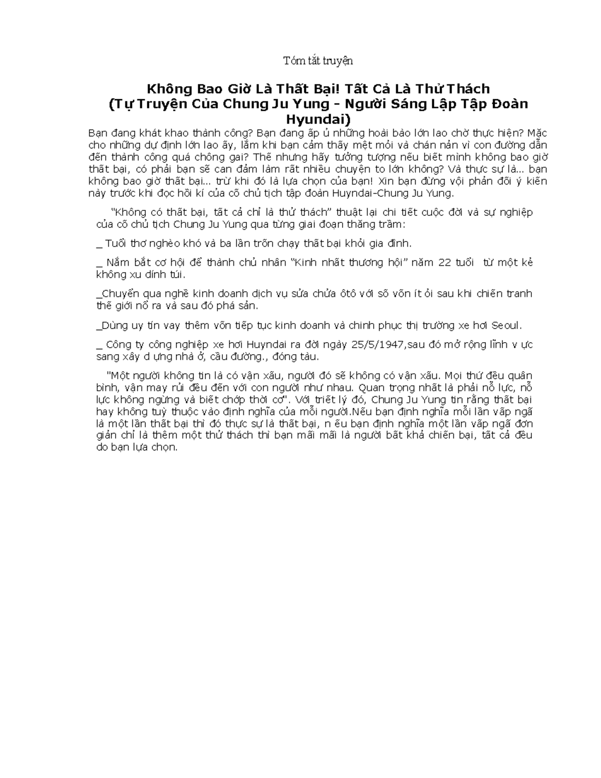 Tóm tắt truyện "Không Bao Giờ Là Thất Bại!" - Chung Ju Yung - Studocu