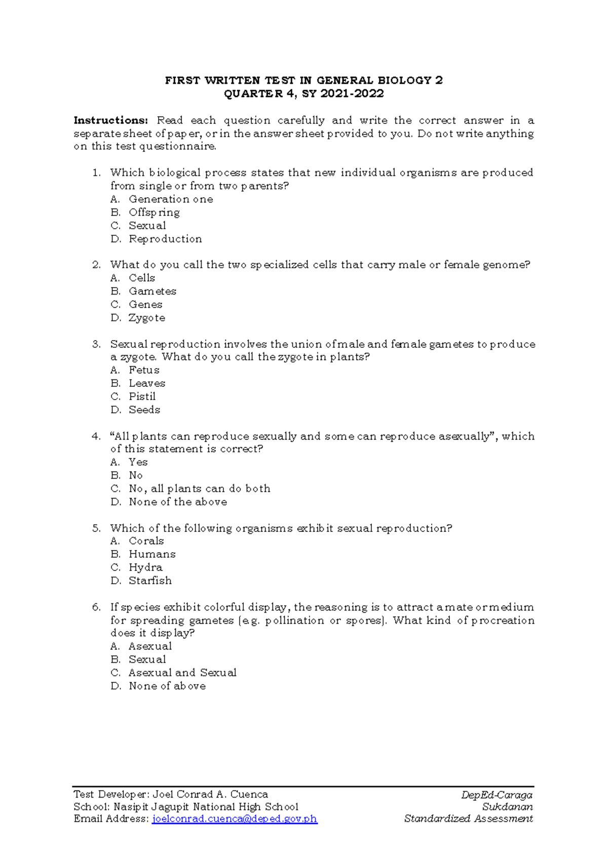 GB2 Q4 Summative Test 1 - General Biology 2 Study Guide - Studocu