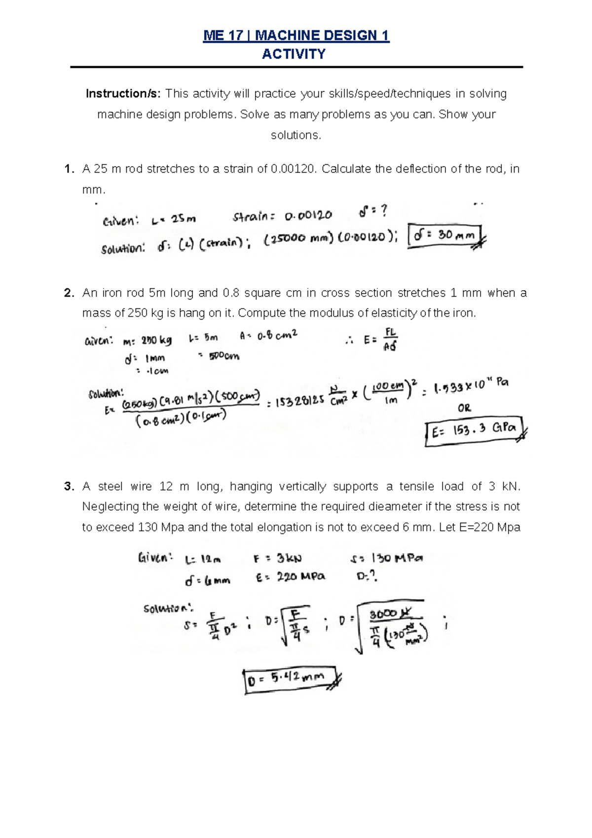 Assign 44 - Machine Design 1 Problem Solving (1-10) - ME 17 | MACHINE ...