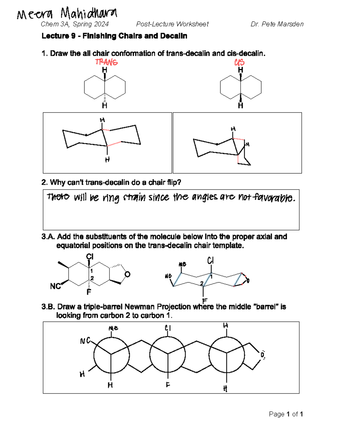 PLWS 9 - Post Lecture Work Sheet 9 - CHEM 3A - Chem 3A, Spring 2024 ...