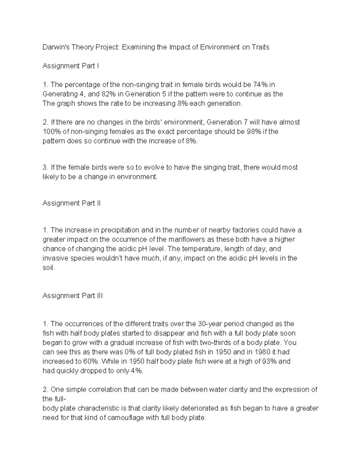 Untitled document - Lab - Darwin's Theory Project: Examining the Impact of Environment on Traits ...