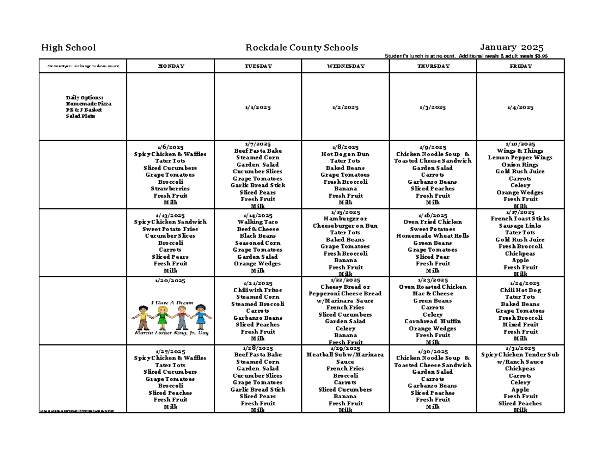 RCPS High School Lunch Menu - January 2025 - High School Menu subject ...