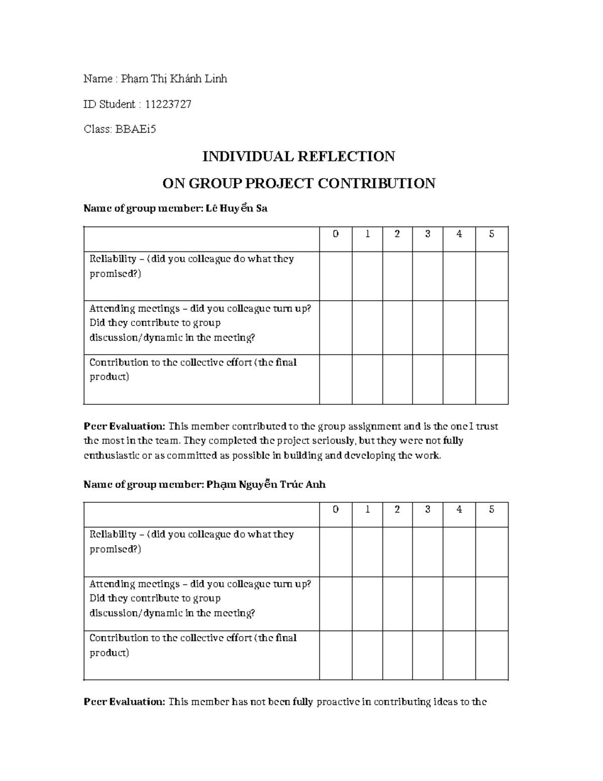 BBAEi5 Individual Reflection on Group Project Contributions - Studocu