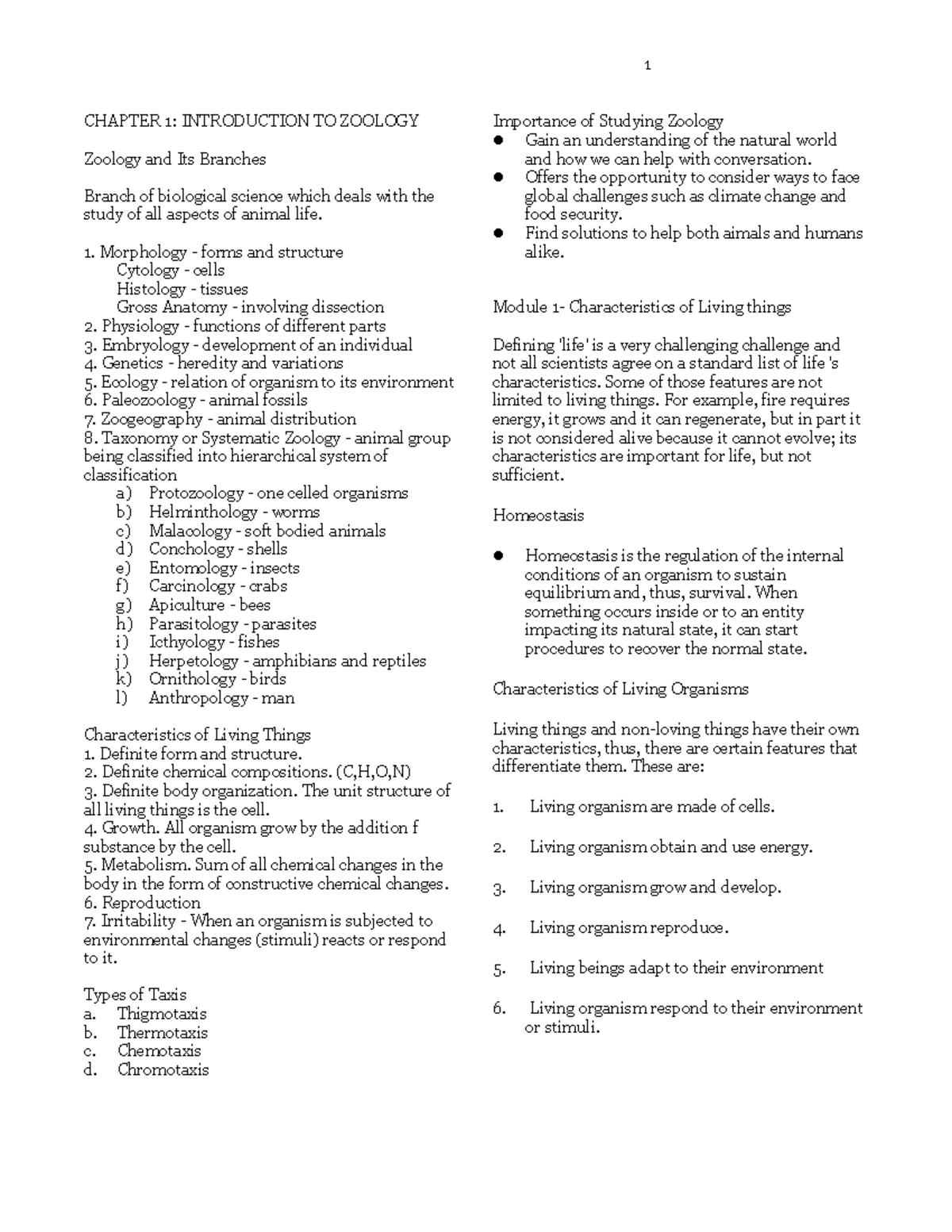 ZOO 101: Introduction to Zoology - Modules 1 & 2 Overview - Studocu