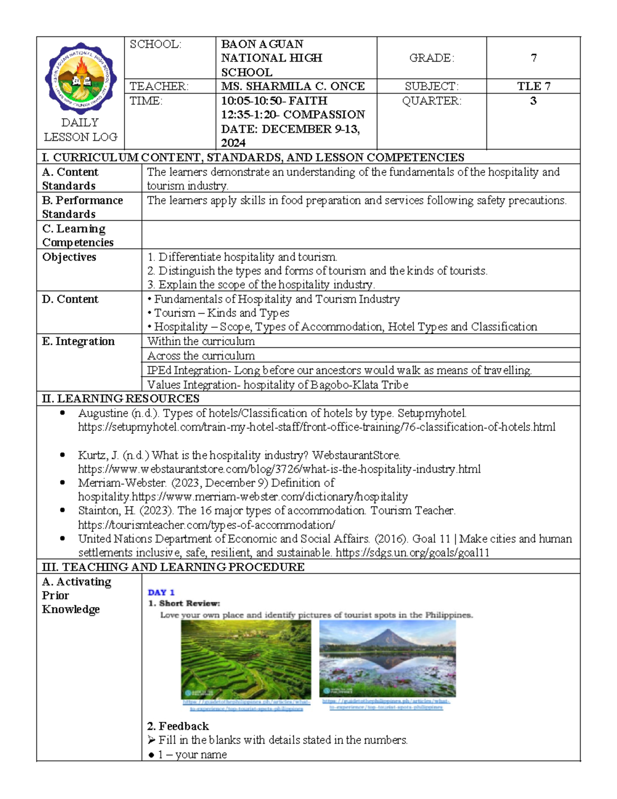 TLE Matatag WEEK 1 - TLE LESSON PLAN - DAILY LESSON LOG SCHOOL: BAON ...