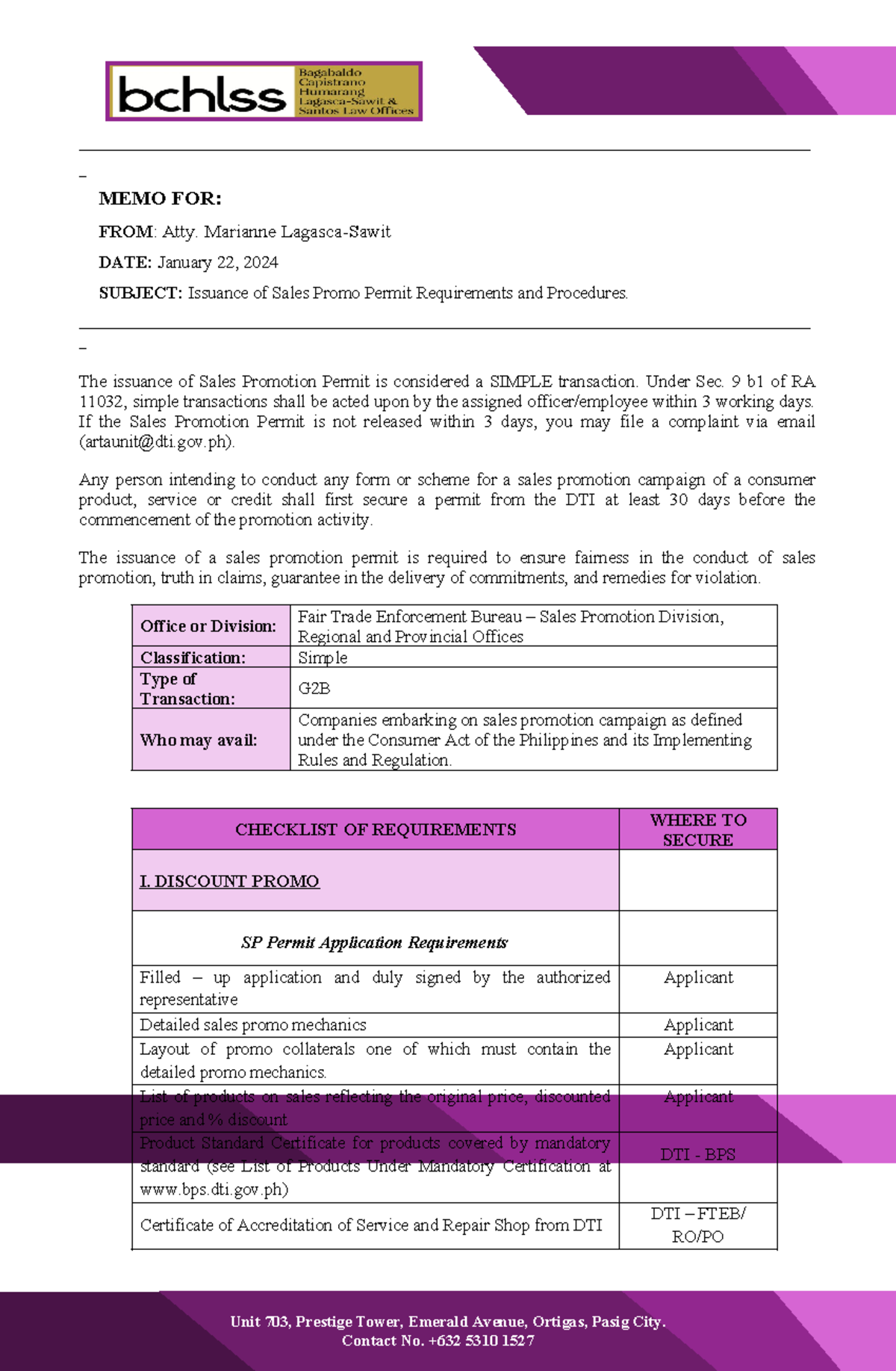 DTI (Promo Sales Requirements and Procedures) - Unit 703, Prestige ...