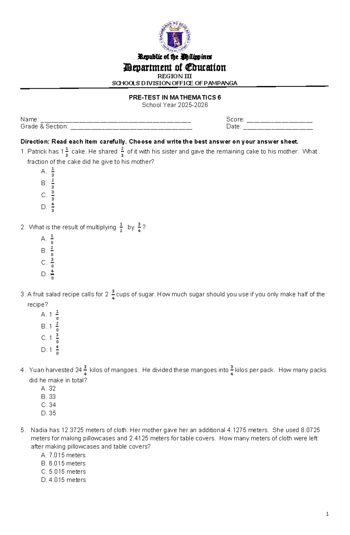 Pre-Test in Mathematics 6: Comprehensive Review and Practice - Studocu