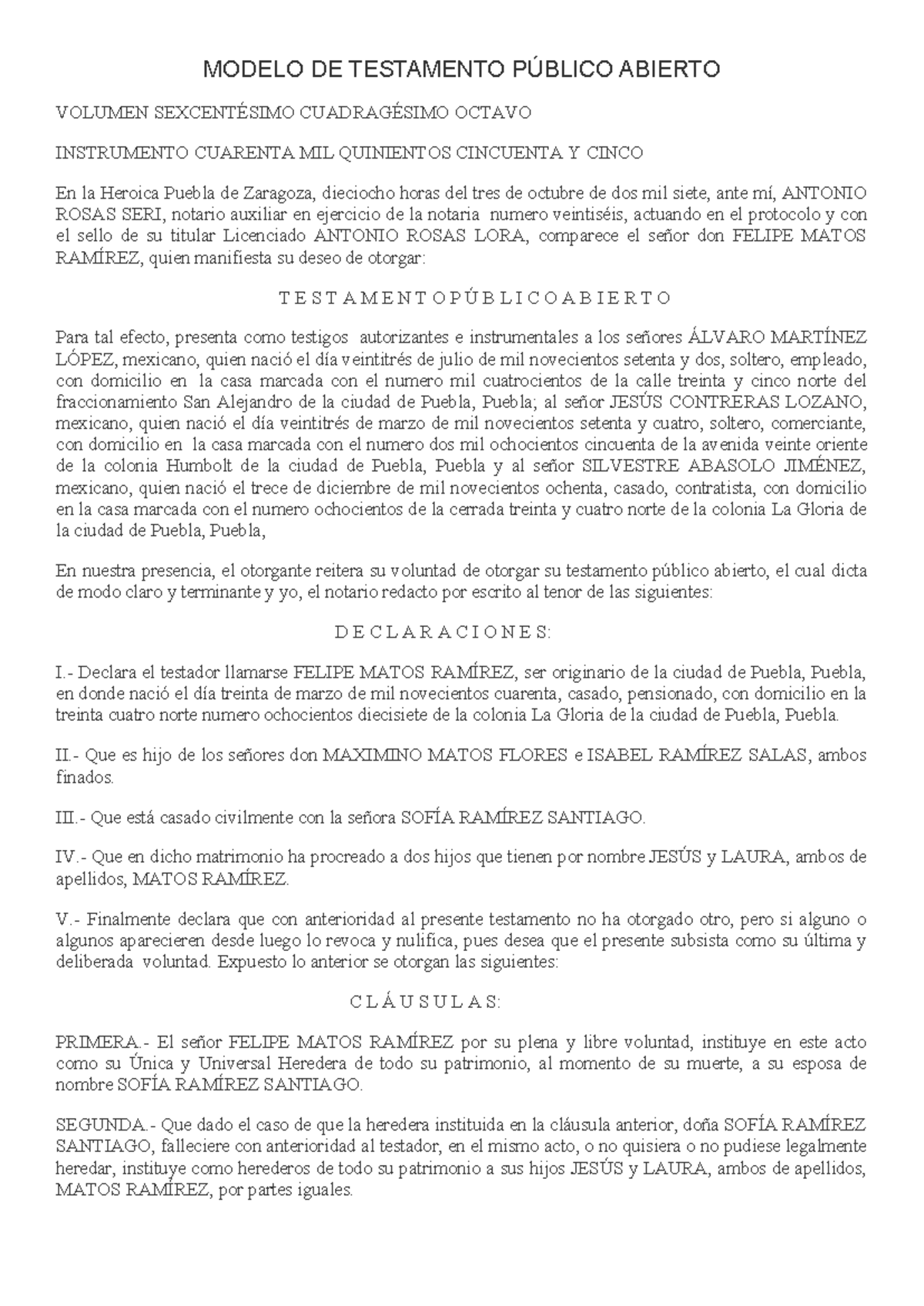 Modelo de Testamento Público Abierto: Volumen 48, Instrumento 40,555 ...