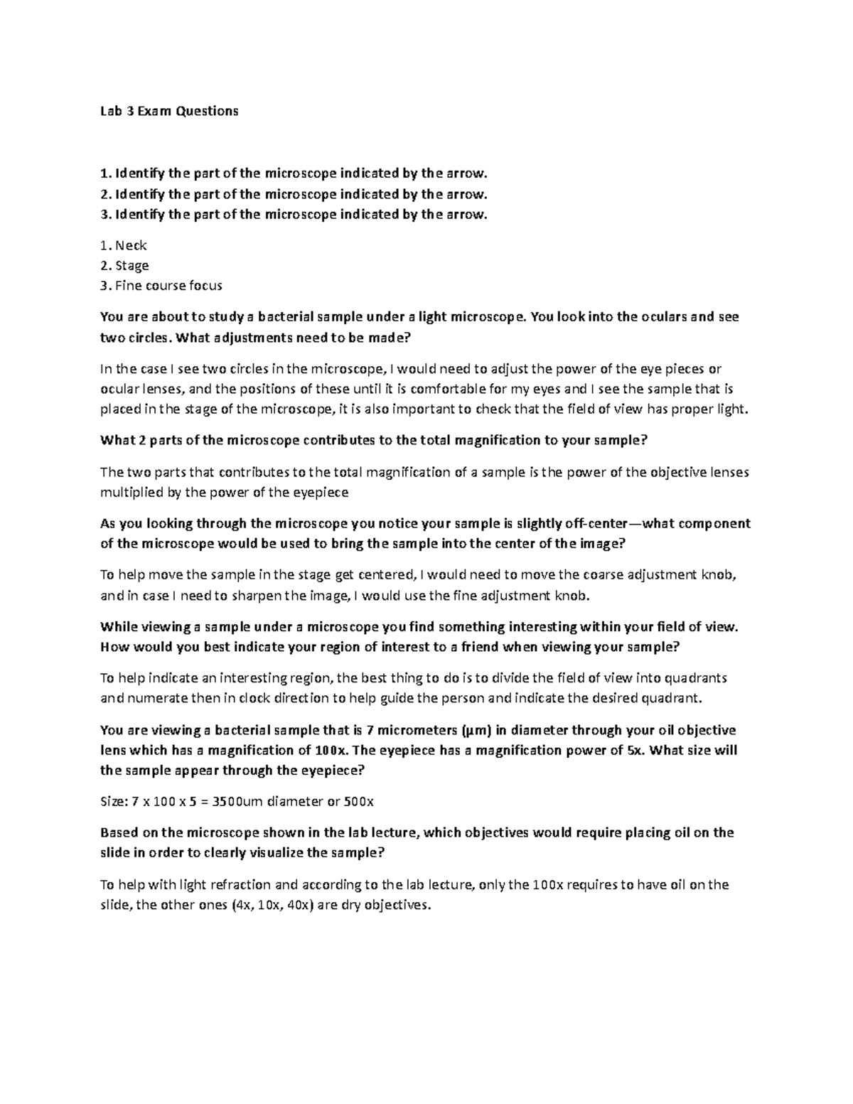 Lab 3 Microscope Exam Questions and Answers - BIOL101 - Studocu