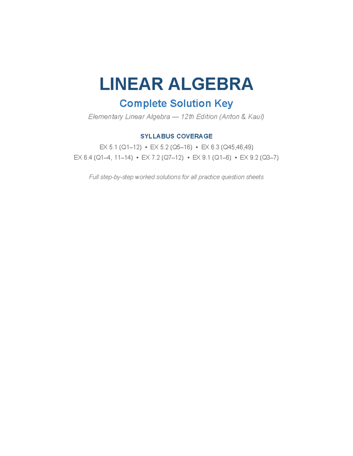 Linear Algebra Solution Key (Elementary Linear Algebra 12th Ed) - Studocu