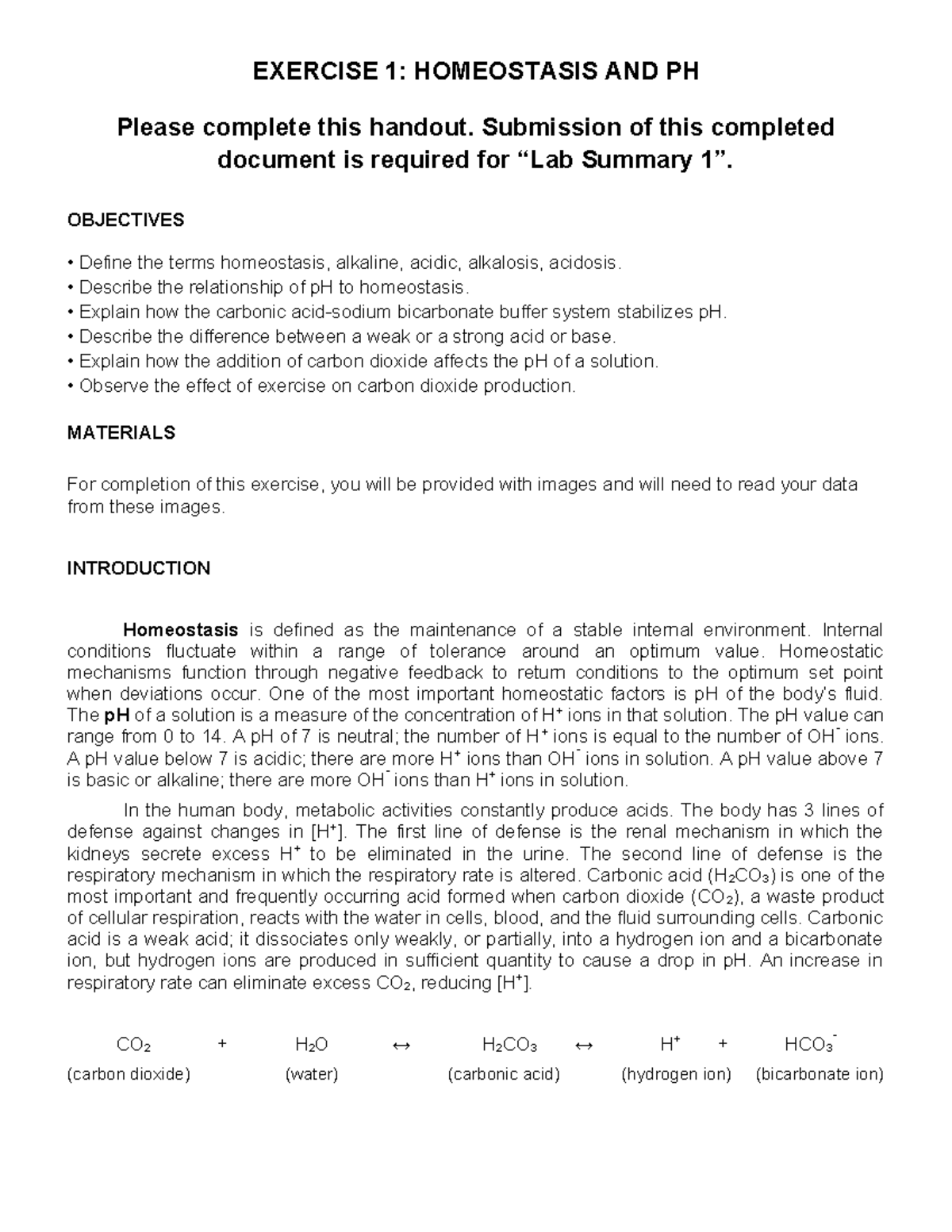 Physiology Lab 1: Homeostasis and pH Regulation Exercise - Studocu