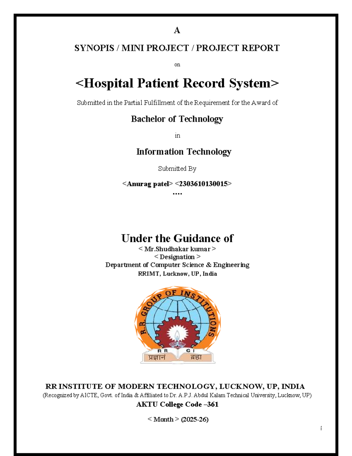 B.Tech Project Report: Patient Record Management System (CSE 361) - Studocu
