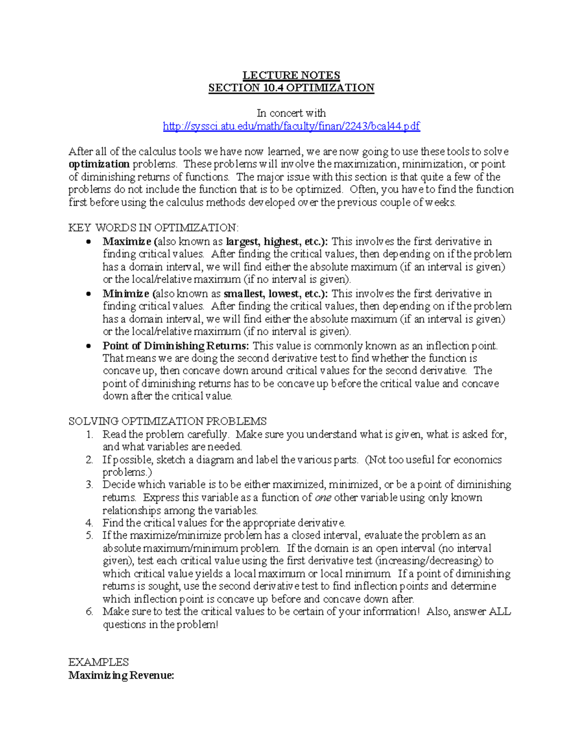 LECTURE NOTES MATH 101: OPTIMIZATION TECHNIQUES & EXAMPLES - Studocu