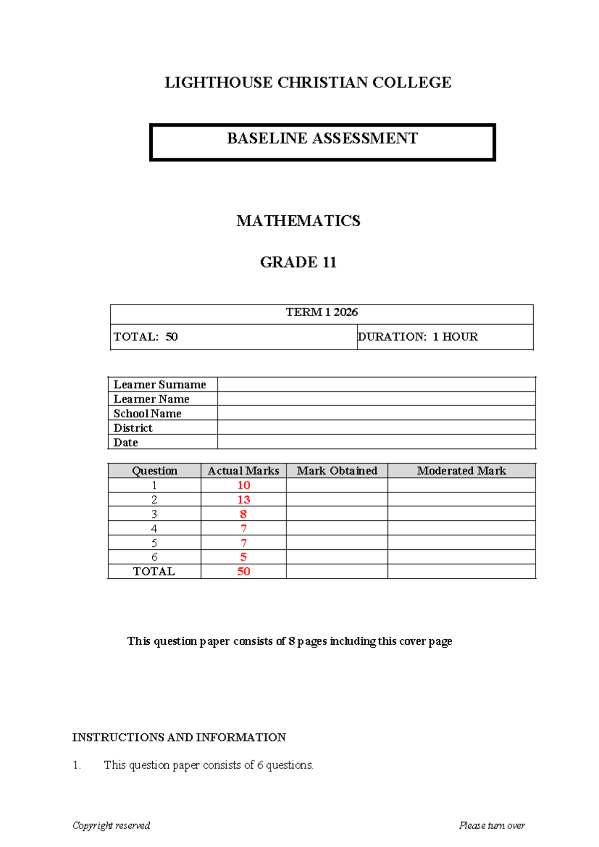 2026 Baseline Assessment: Grade 11 Mathematics Test - Studocu