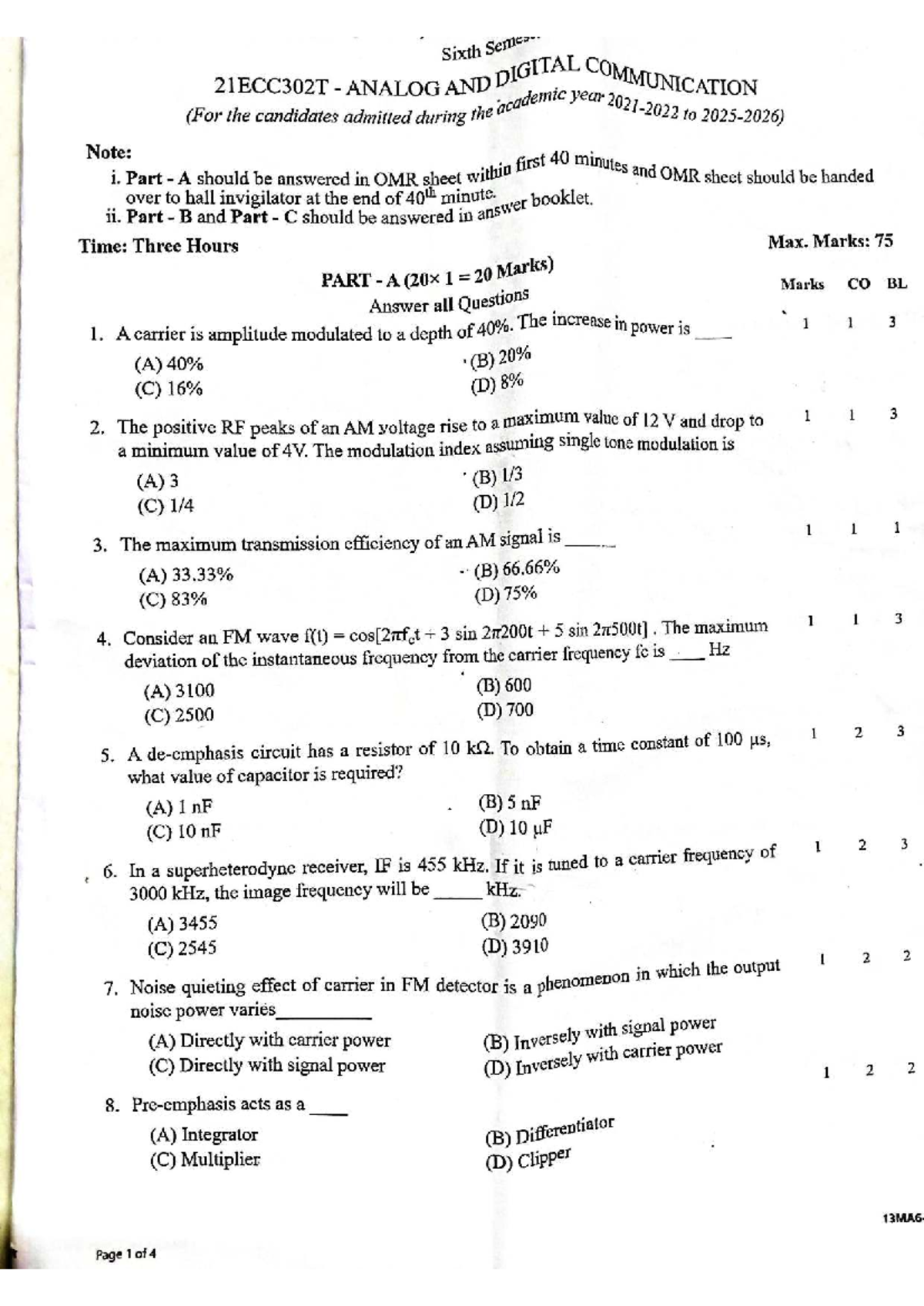 21ECC302T Analog and Digital Communication - Sixth Semester Question ...