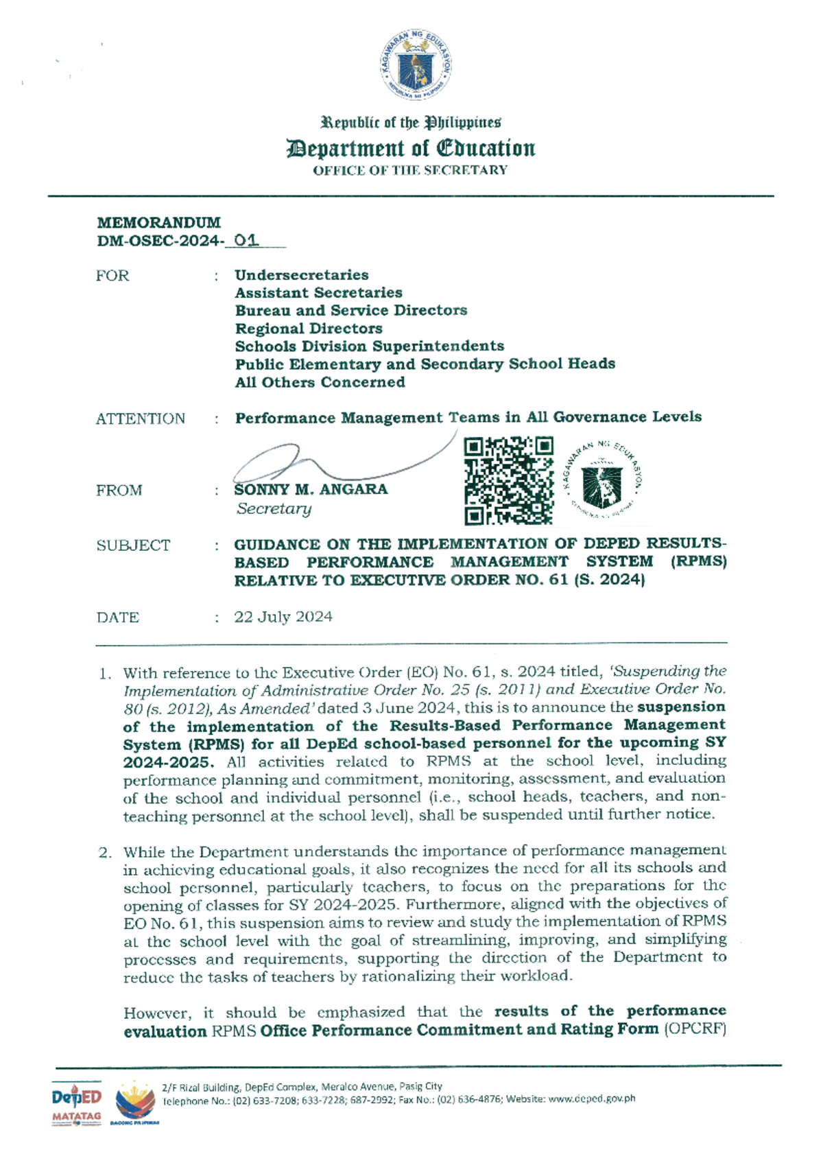 DM OSEC 2024 01 Guidance ON THE Implementation OF Deped RPMS Relative ...
