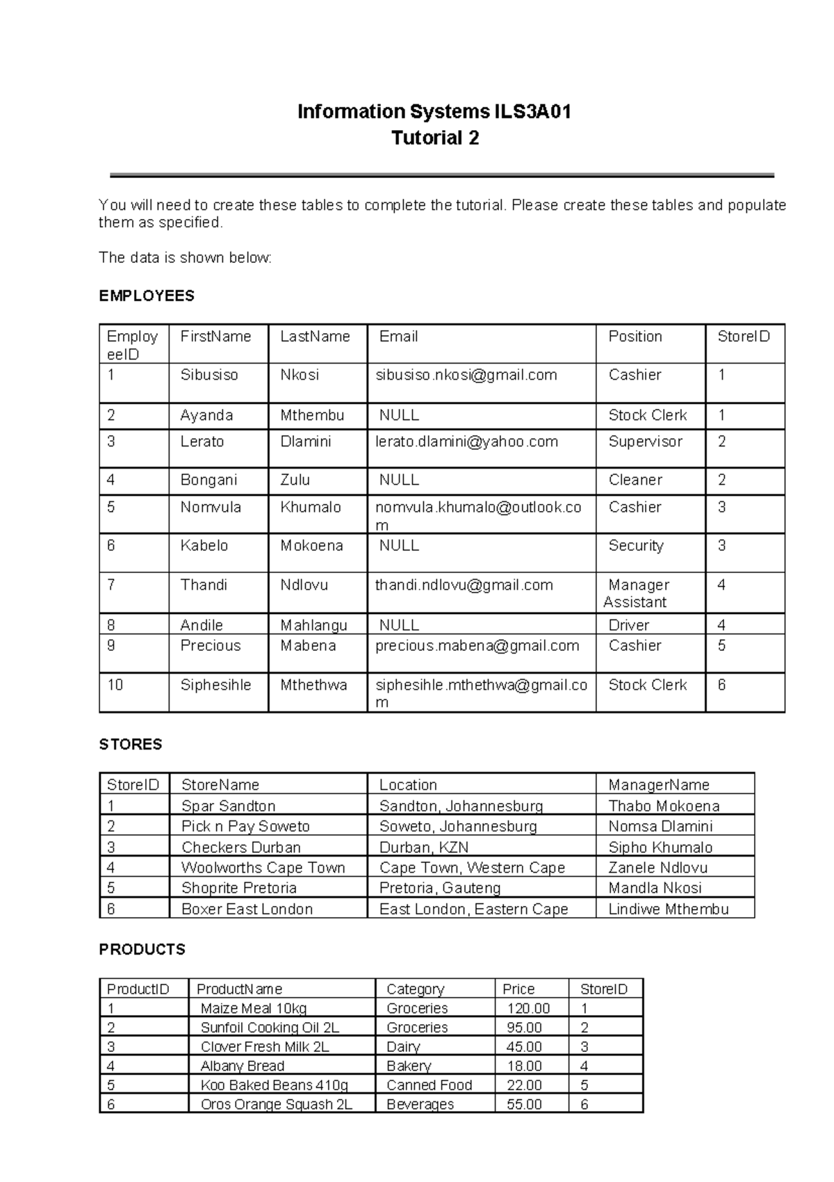 Information Systems ILS3A01 Tutorial 2 Memo: Database Tables Creation ...