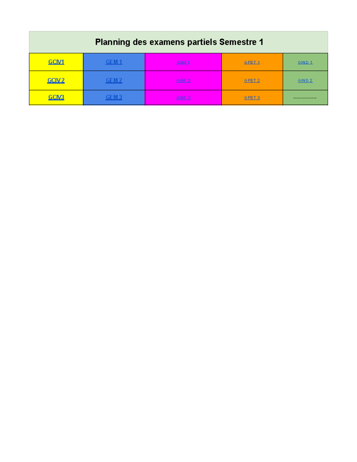 Planning des Examens Partiels Semestre 1 GCIV1, GEM1, GINF1, GPET1 ...