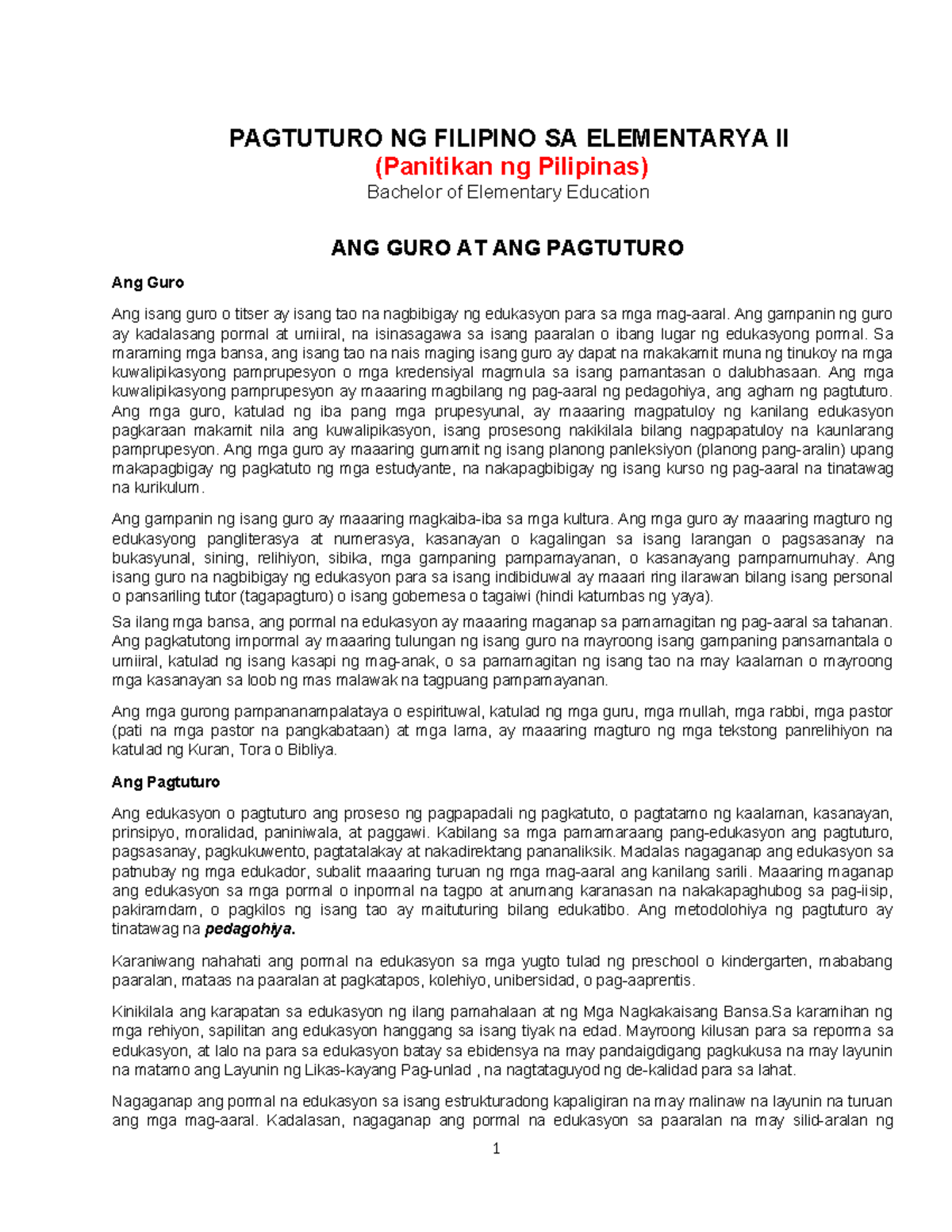 ARALIN 1 SA PANITIKAN - 1 PAGTUTURO NG FILIPINO SA ELEMENTARYA II (Panitikan ng Pilipinas ...