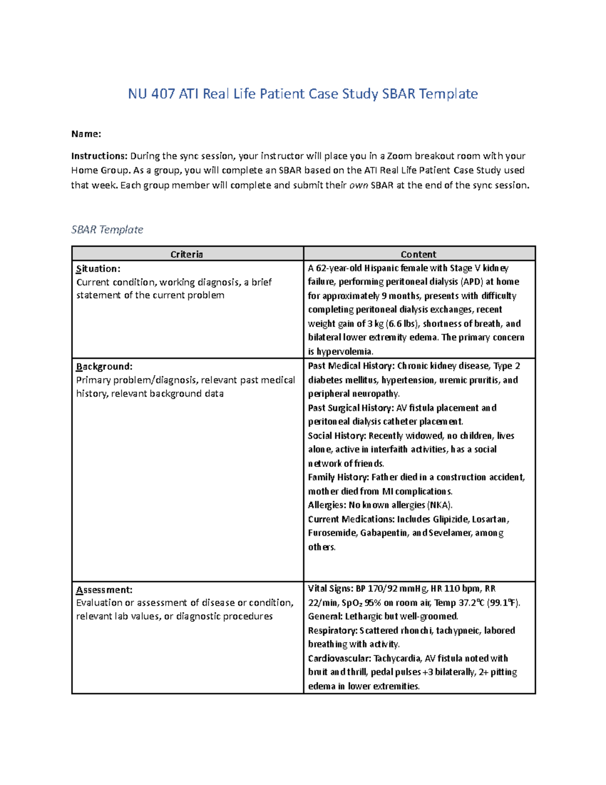 NU 407 ATI Real Life Patient Case Study SBAR Template Instructions ...