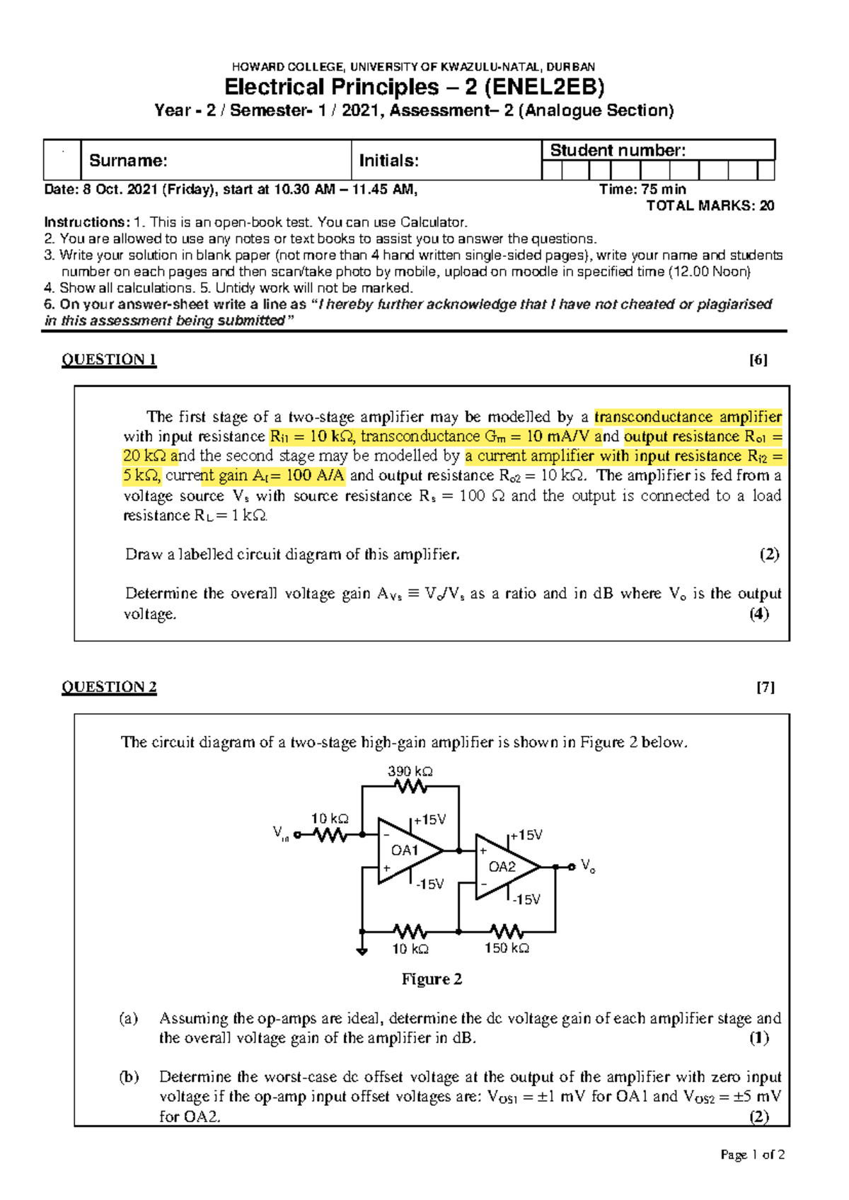 ENEL2EB 2021 Assessment 2: Electrical Principles Exam Paper - Studocu