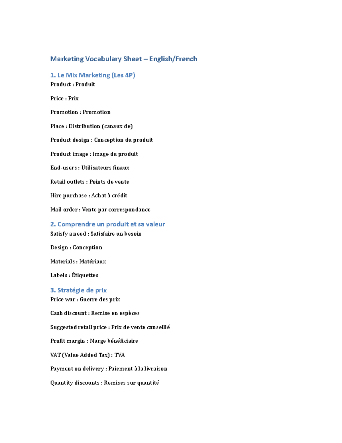Marketing Vocabulary Sheet EN-FR: Les 4P et Concepts Clés - Studocu