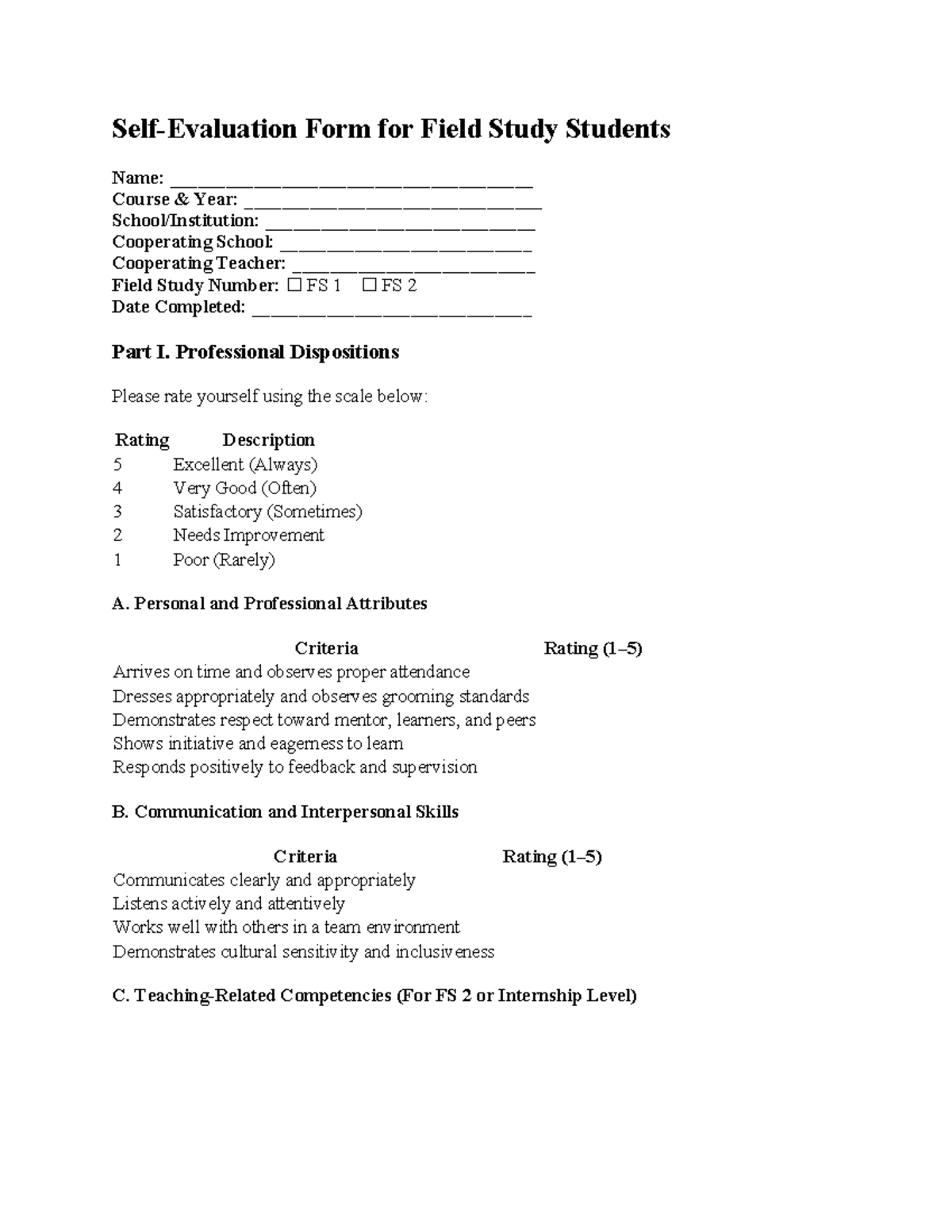 Evaluation Form for Field Study Students (FS 1 & FS 2) - Studocu