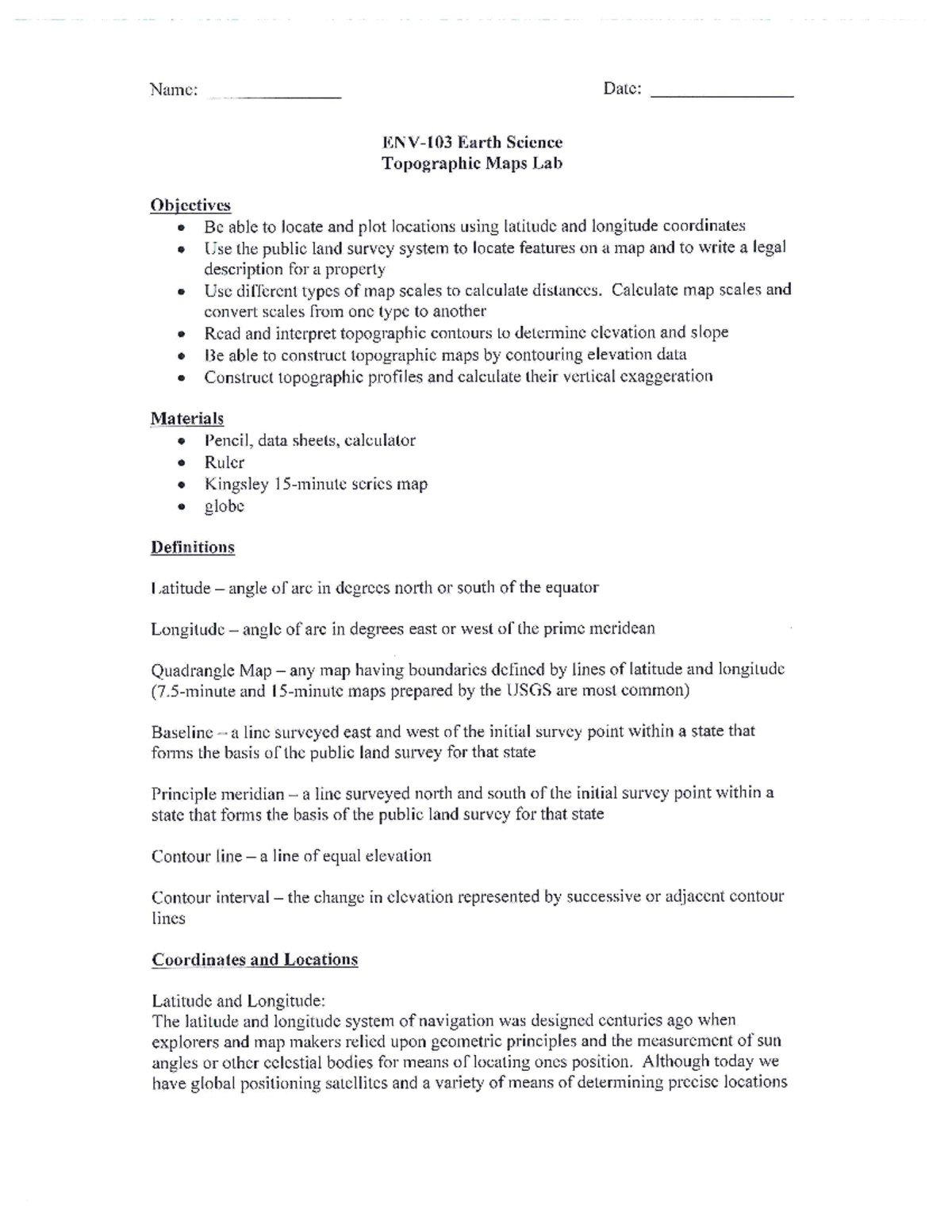 Topomap info - Lab Info - Name: Date: Earth Science Topographic Maps ...