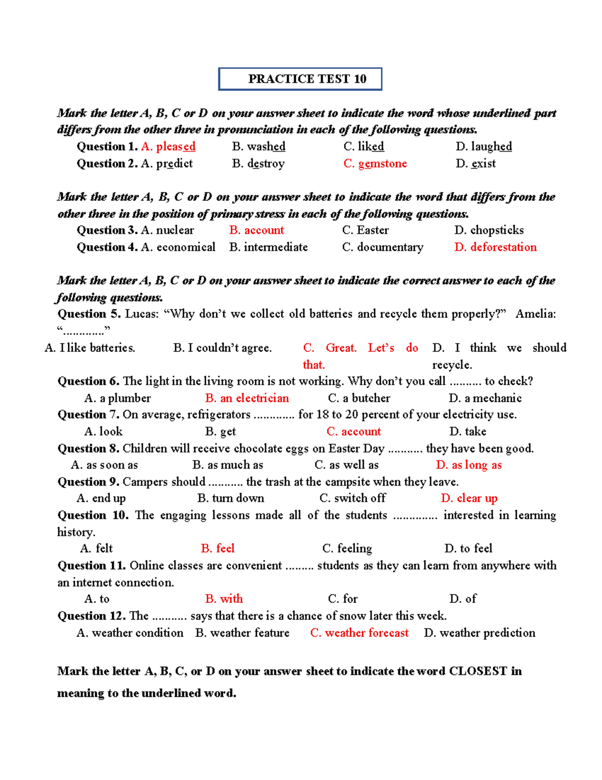 Practice Test 10: English Exam for Grade 10 - Nghệ An 2025 - Studocu