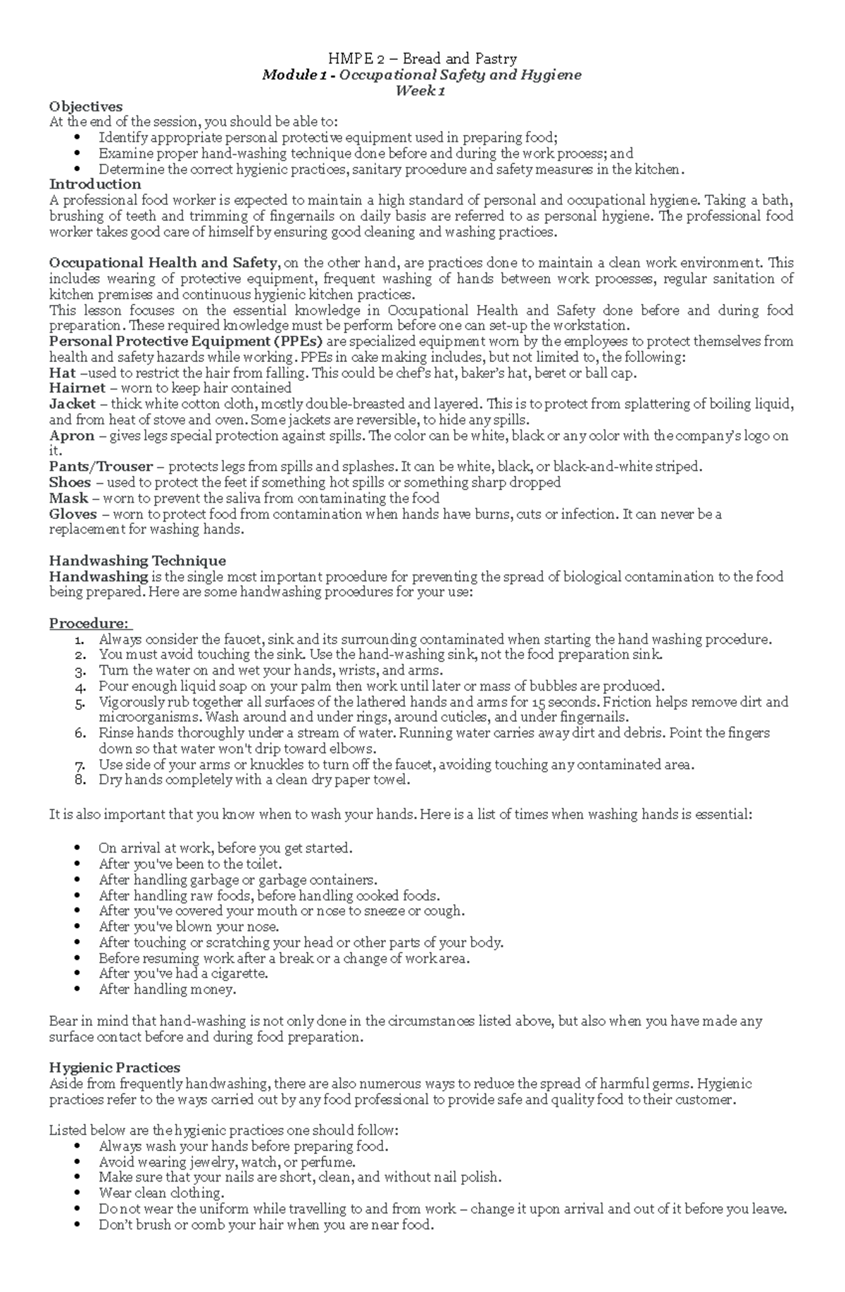 Bread and Pastry module 1 - Introduction A professional food worker is ...