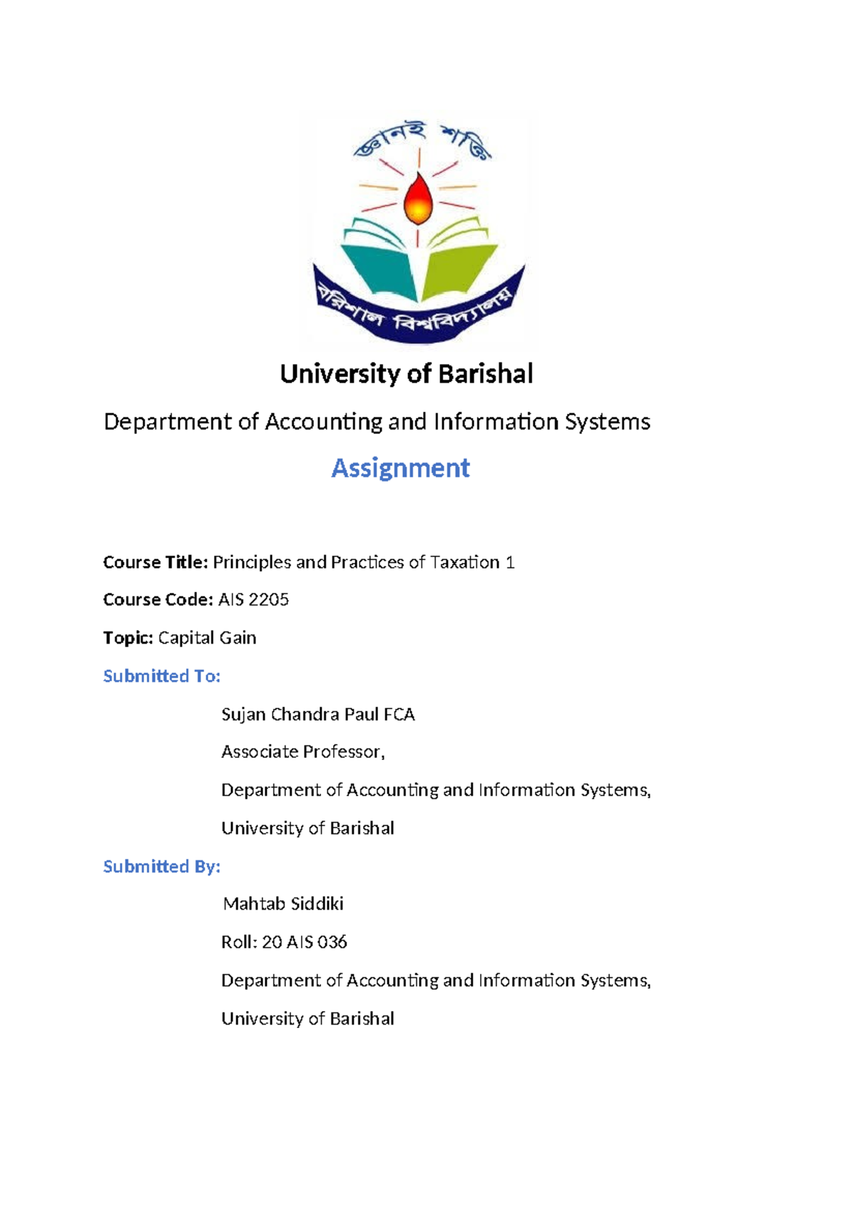 AIS 2205 Assignment: Calculating Capital Gain for Arafat's Property ...