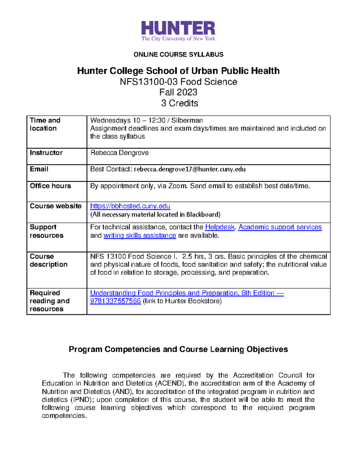NFS 13100 Food Science Syllabus - Fall 2023 at Hunter College - Studocu