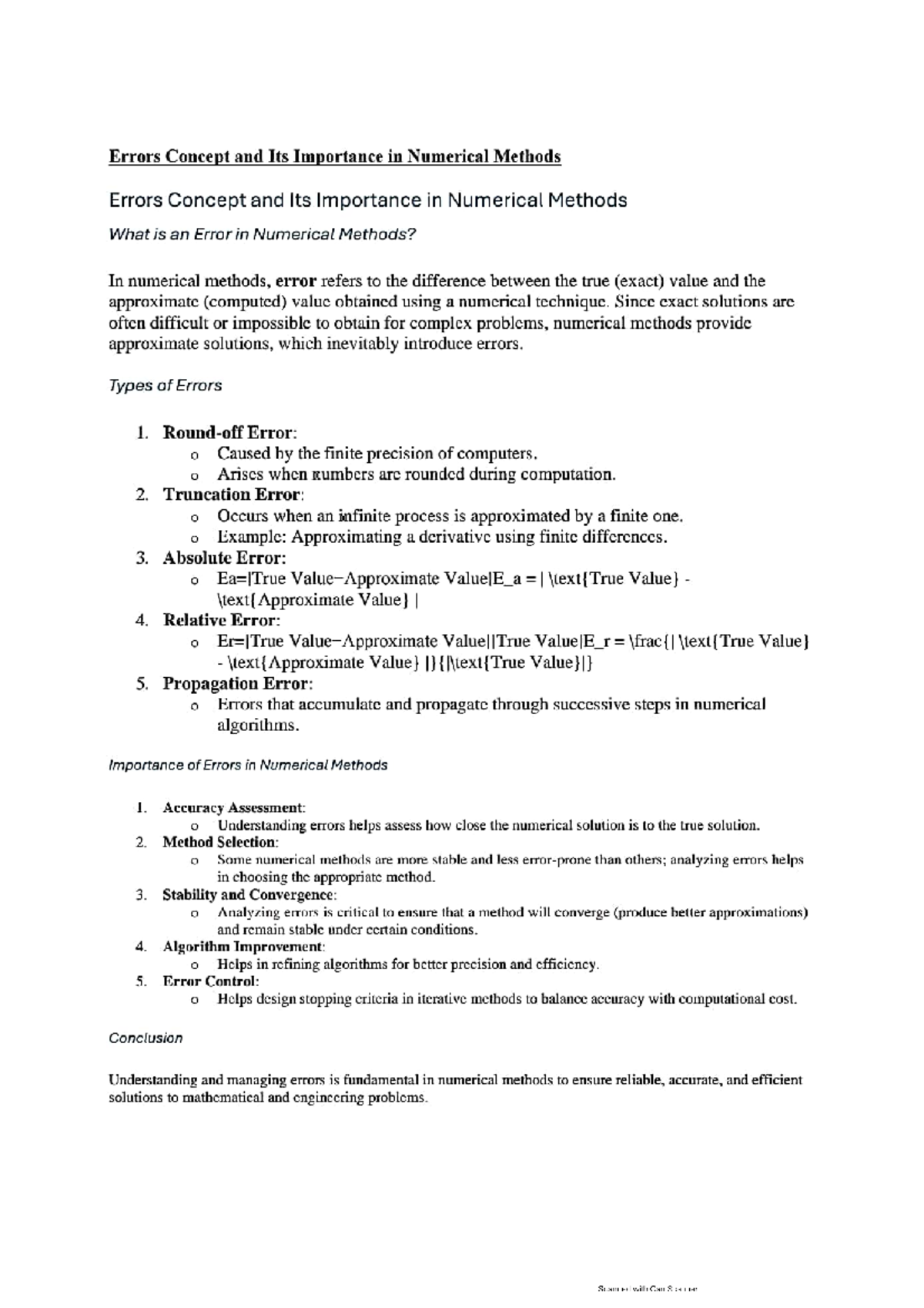 Numerical Methods: Understanding Errors and Their Importance in Computation - Studocu
