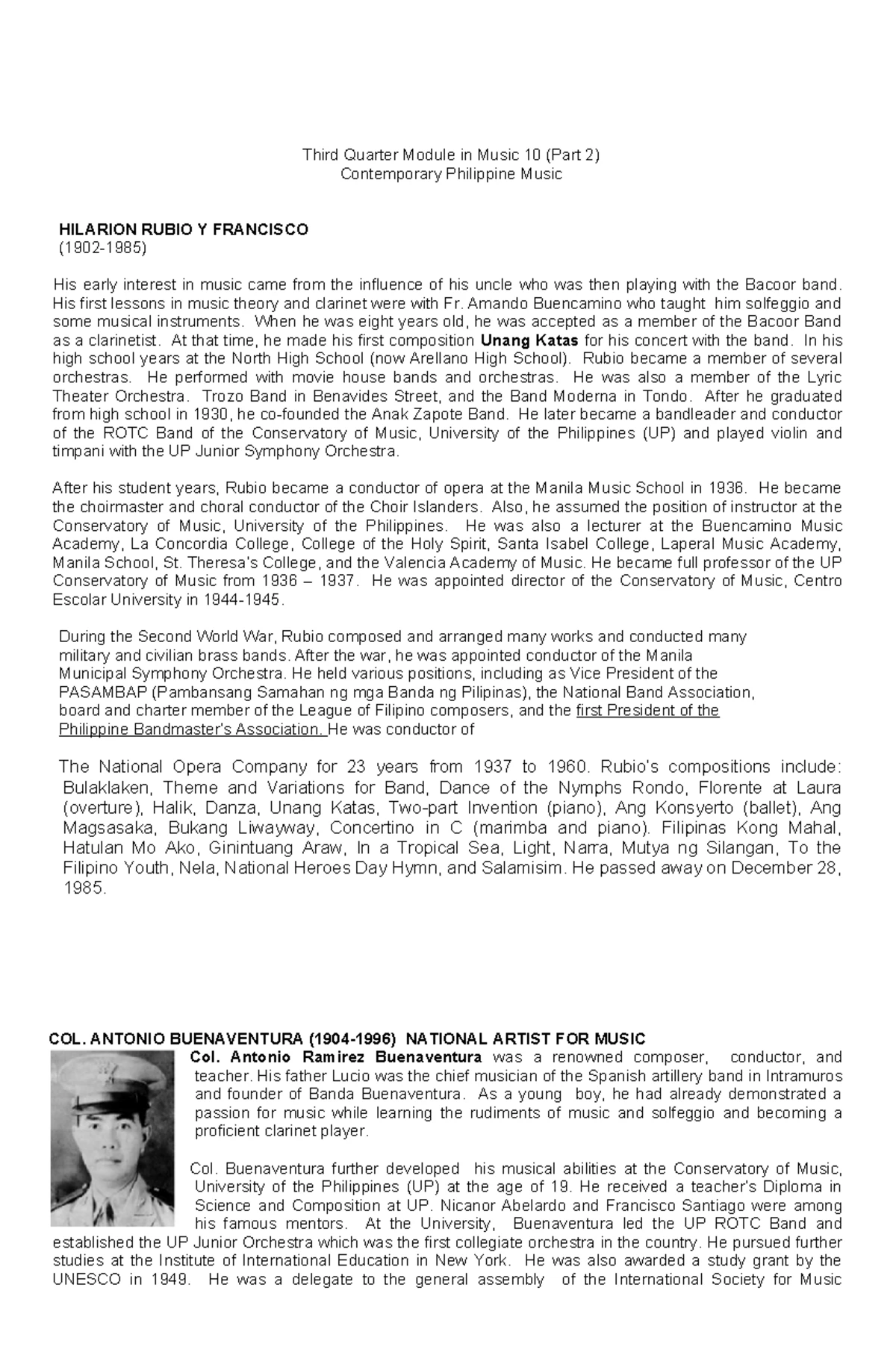 Music 10: 3rd Quarter Module on Contemporary Philippine Composers - Studocu